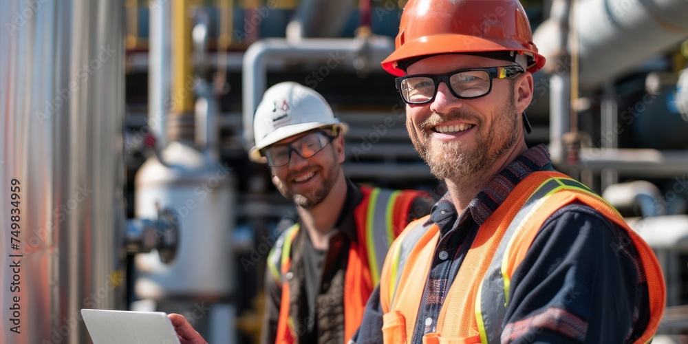 Portrait of Smart Engineers men in Reflective vests, safety helmets ...
