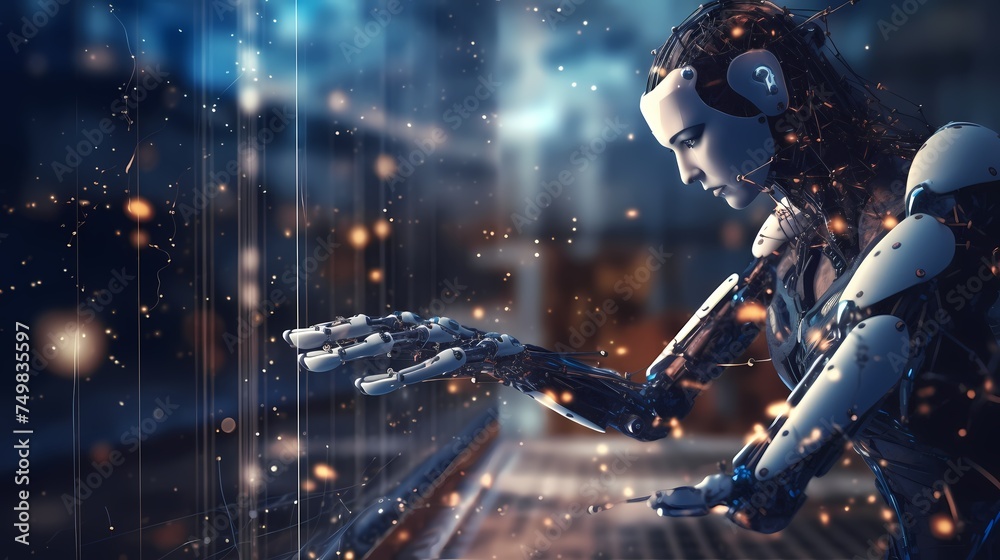 Artificial intelligence 3D robot programming computer interface AI chatbot futuristic cyber ...