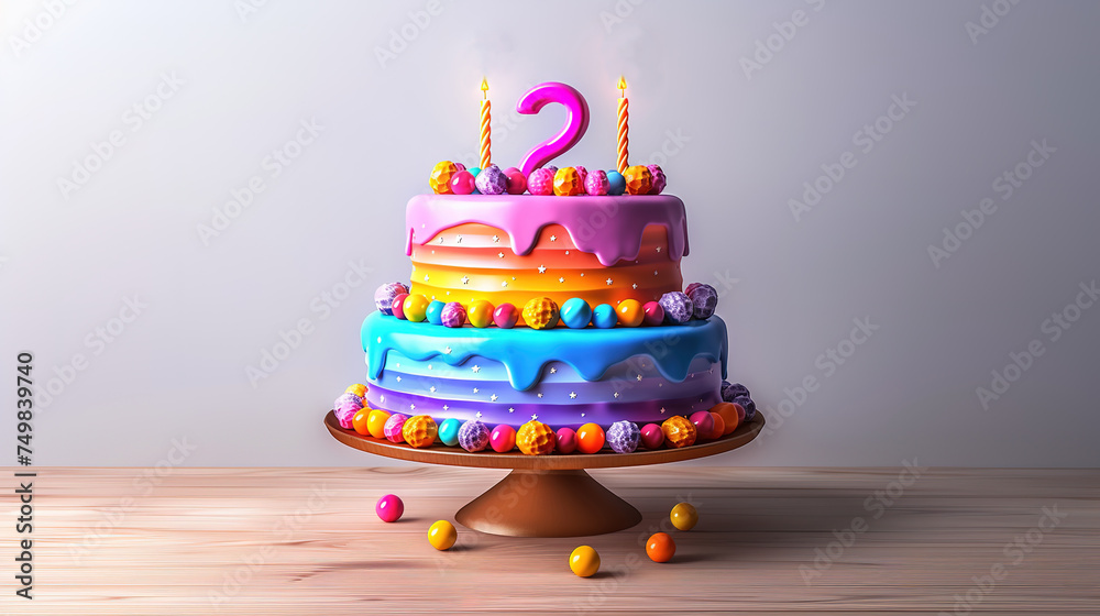 Birthday cake on a 2 years decorated with colorful sweets, topper ...
