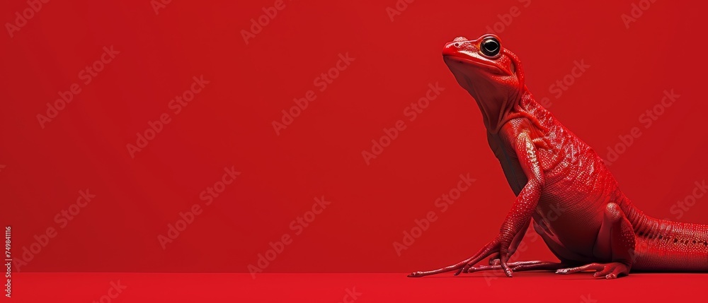 a red lizard sitting on a red surface with its head turned to the side ...
