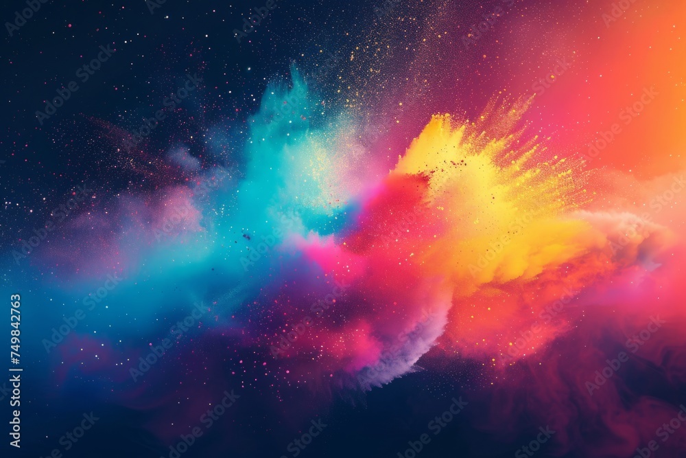 Colors of May, abstract background with powder in blue, yellow, orange ...