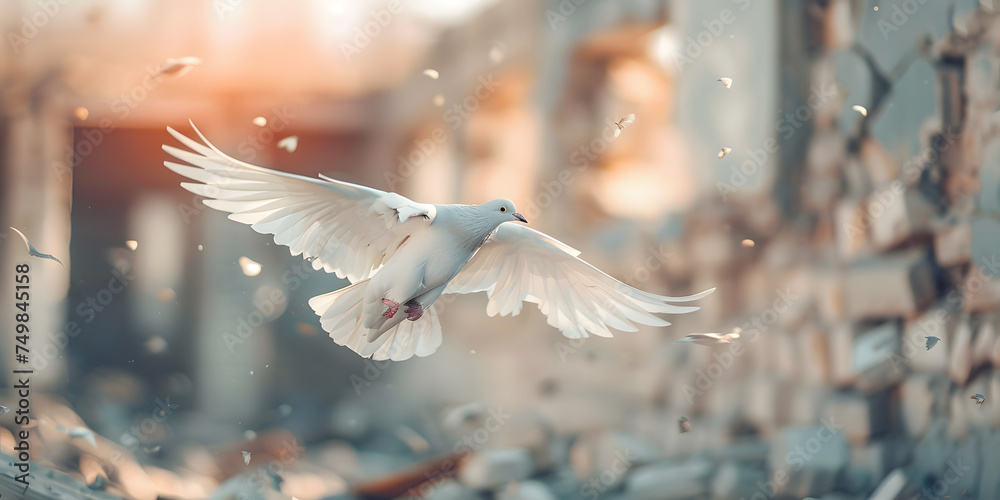 Peace crisis concept, White Dove pigeons flying in front of collapsed ...