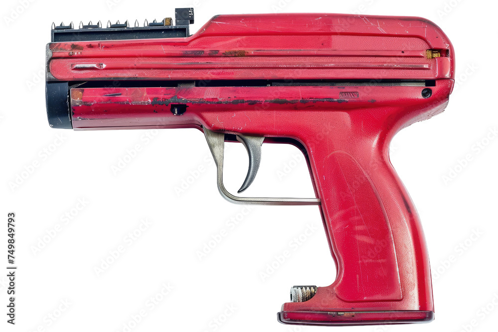 Red Paint Gun. A red paint gun is displayed prominently against a stark ...