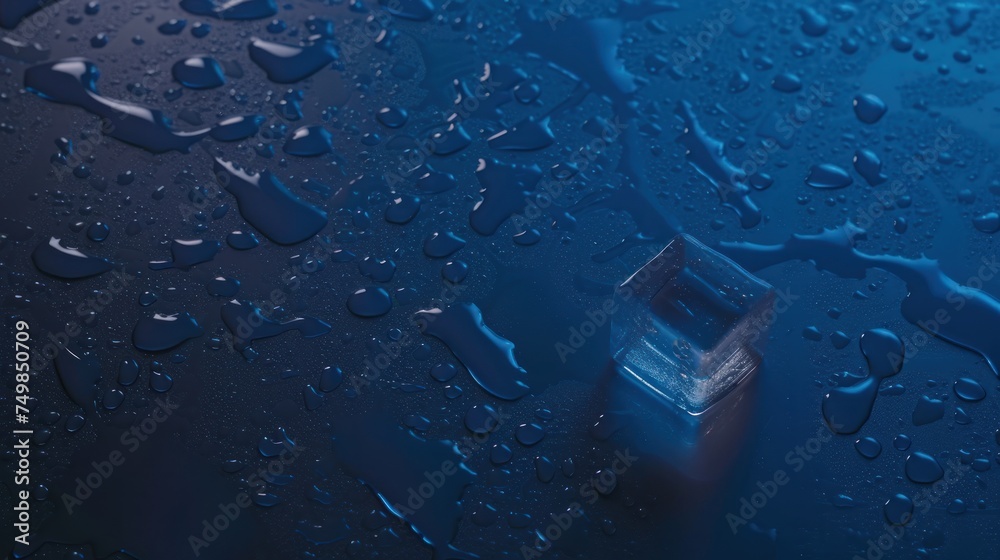 water droplets on a blue surface with a square object in the middle of ...