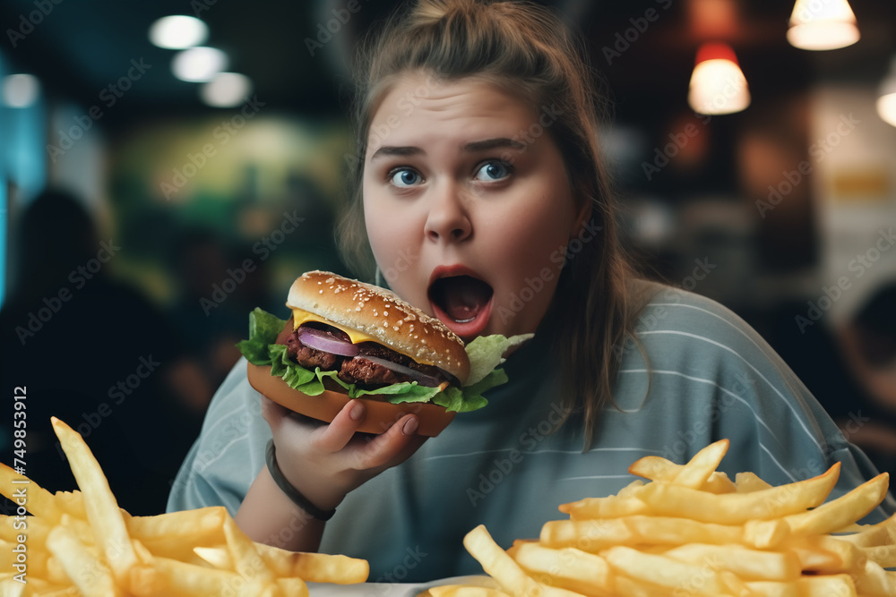 Fat girl eating hamburger in fast food restaurant. A girl with an obese ...