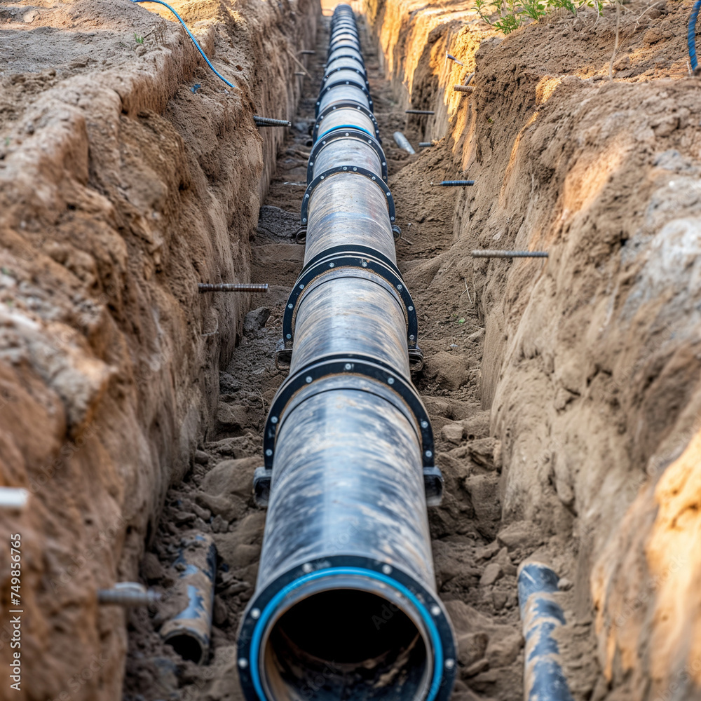 Underground water pipeline installation in trench, infrastructure ...