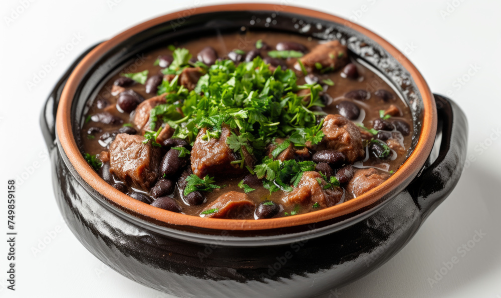 Brazilian Feijoada with black beans and pork, garnished with chopped ...