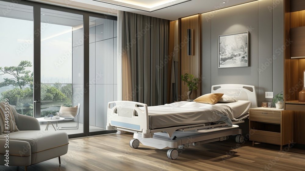 Contemporary hospital room featuring a comfortable bed, sophisticated ...