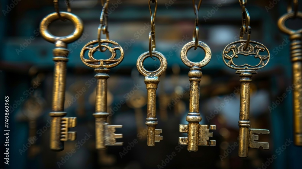 Vintage keys hanging on display in a market, offering a selection of ...