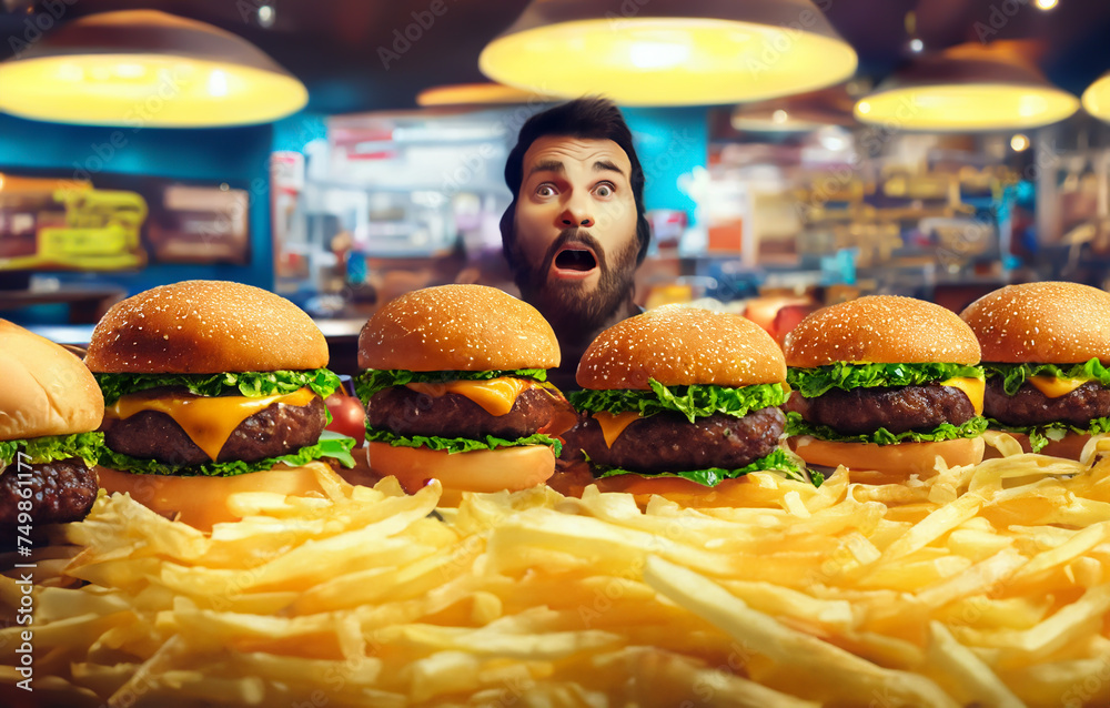 Fat man eating hamburger in fast food restaurant. Man with an obese ...