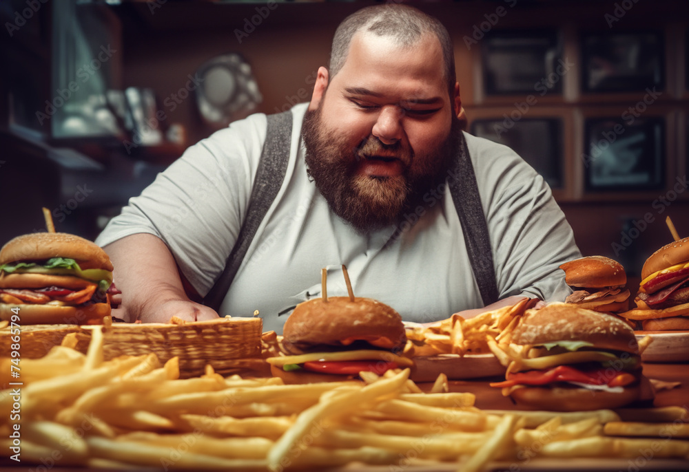 Fat man eating hamburger in fast food restaurant. Man with an obese ...
