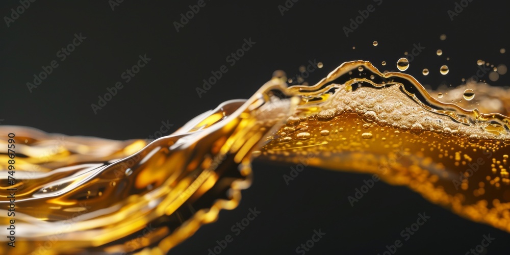 A stunning display of a golden liquid in mid-splash, its droplets ...