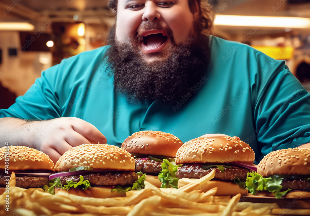 Fat man eating hamburger in fast food restaurant. Man with an obese ...