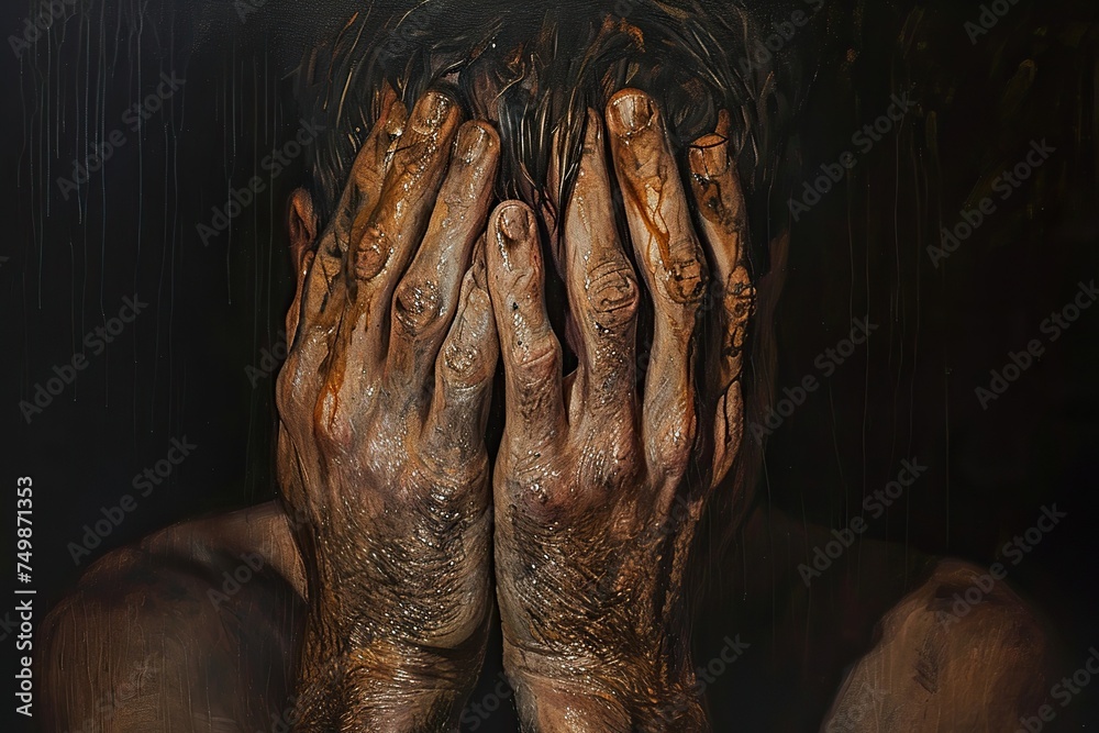 Scary woman with hands covering her face in fear and horror concept. A ...