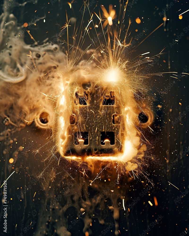 Electrical outlet with sparks and sparks on a dark background. A close ...