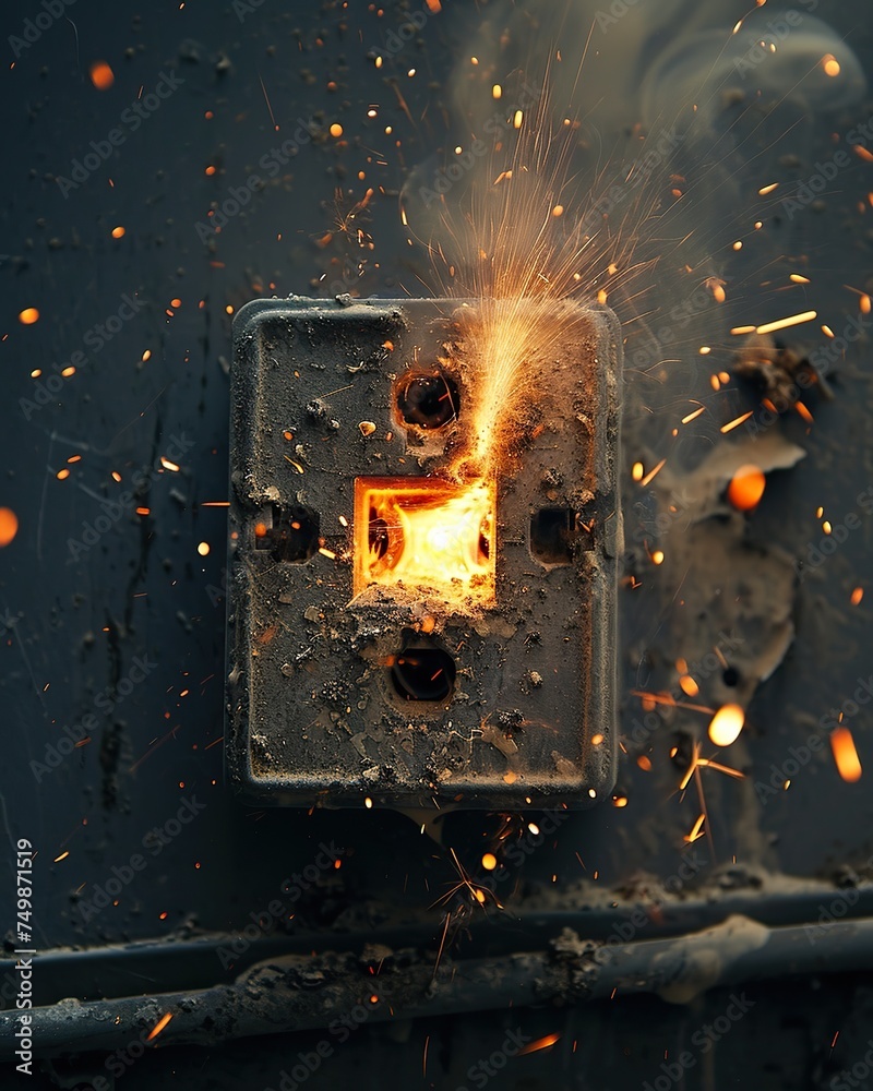 Electrical outlet with sparks and sparks on a dark background. A close ...