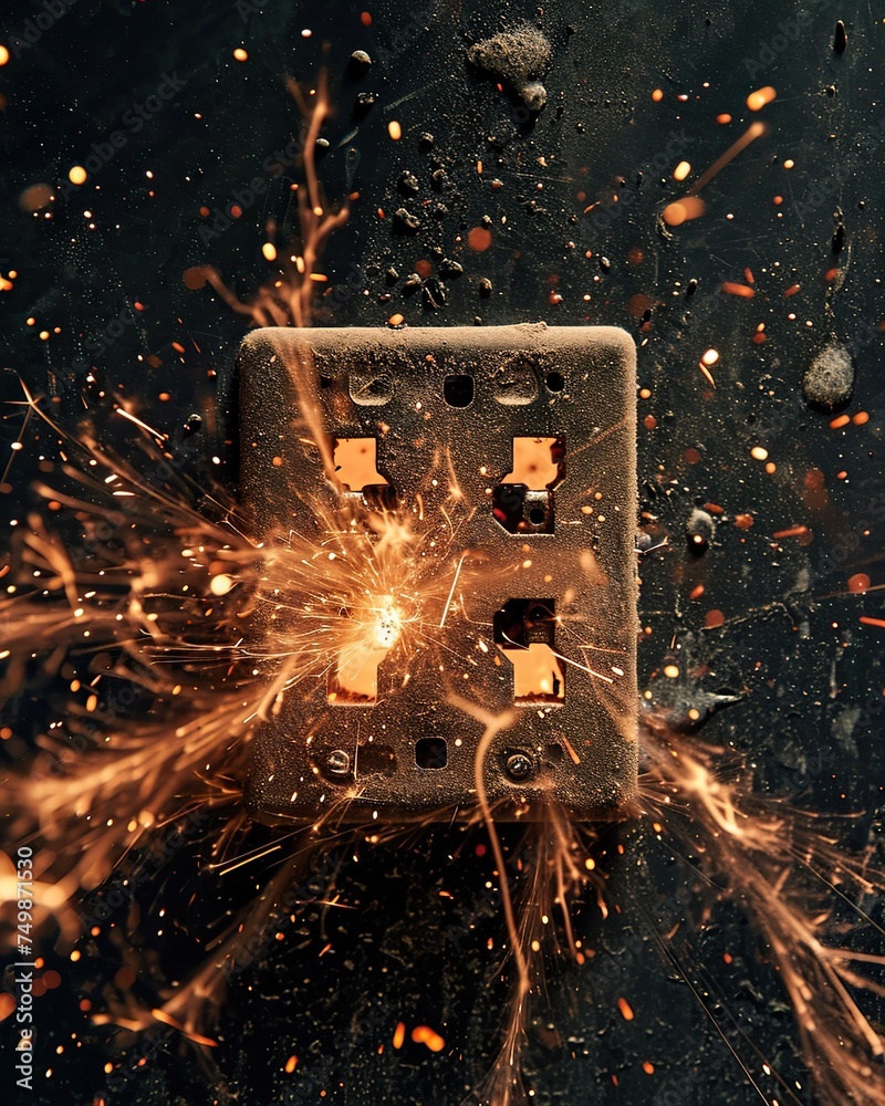 Electrical outlet with sparks and sparks on a dark background. A close ...