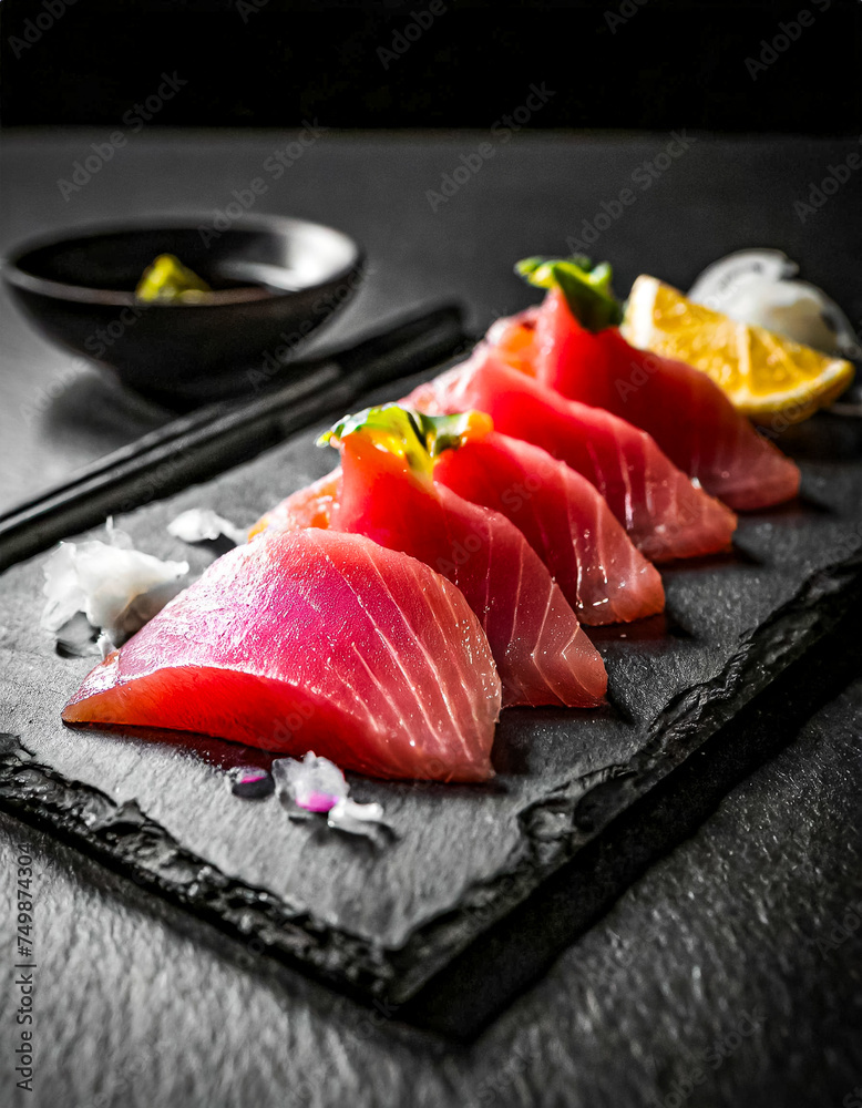 SASHIMI DE ATUM, FILÉ CRU DE ATUM EM UM CONCEITO DE COMIDA ORIENTAL OU ...
