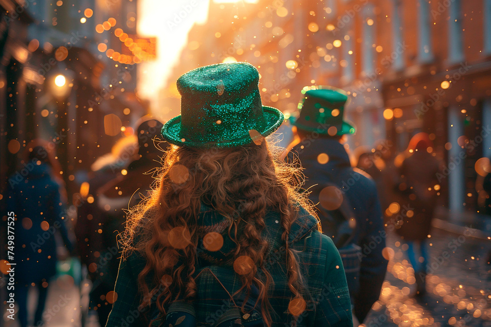 St. Patrick's Day parade marching down a bustling city street in sunny ...