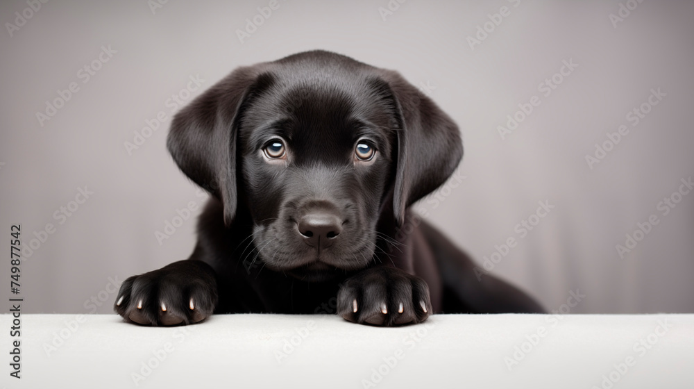 Labrador puppy, cute muzzle close-up. Labrador on a gray background ...