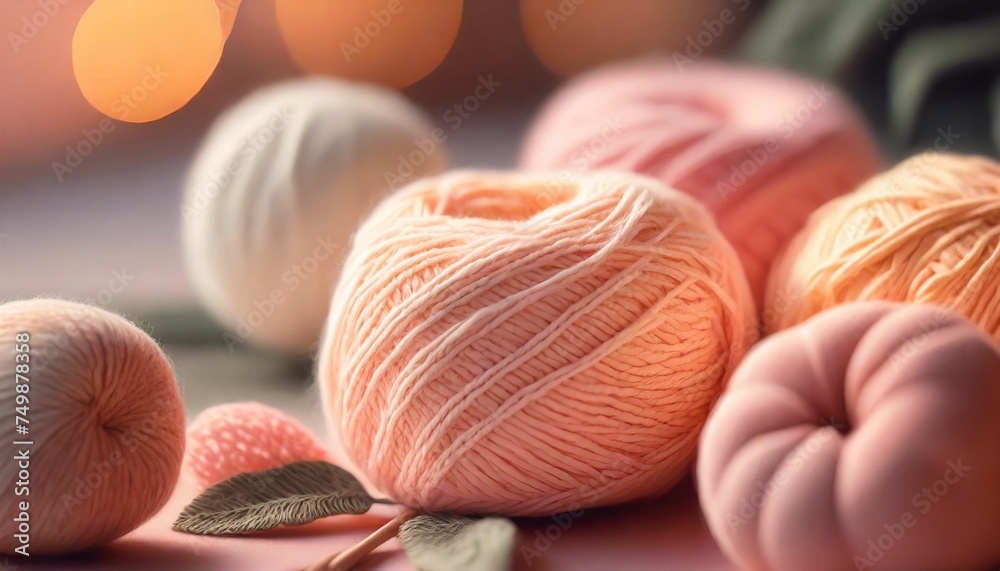 peaches and yarn in peach fuzz color close up peach fuzz color concept ...
