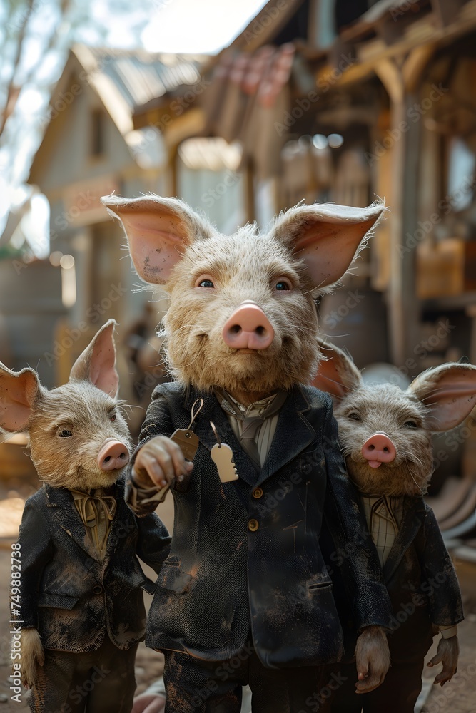 Three humanized piglets in suits carrying the keys to a house in a ...