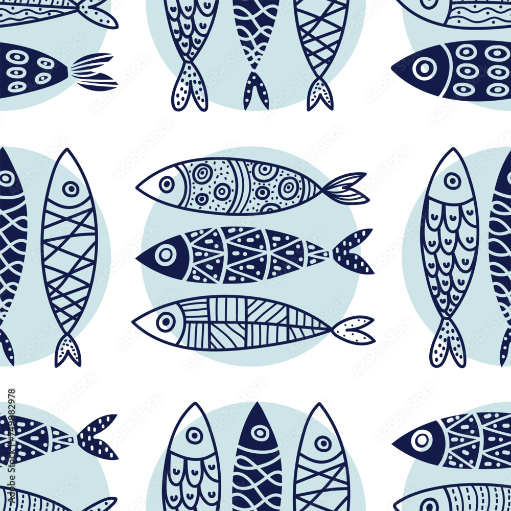 Cute sardines and polka dot. Kids background. Seamless pattern. Can be ...