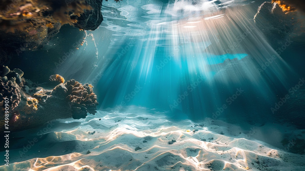 Underwater scene with vibrant marine life, coral reefs, and azure ...