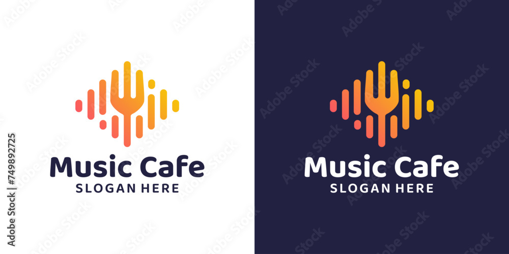 Music cafe logo design template. Sound audio wave with spoon fork ...