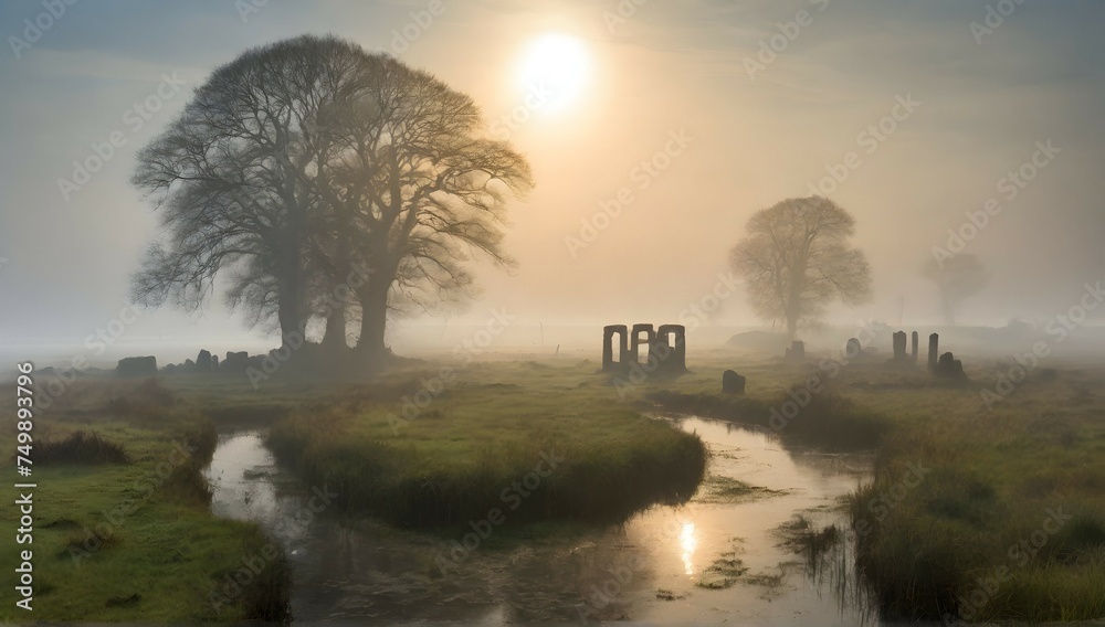 A misty morning in the heart of an Anglo-Saxon marshland, where the sun ...
