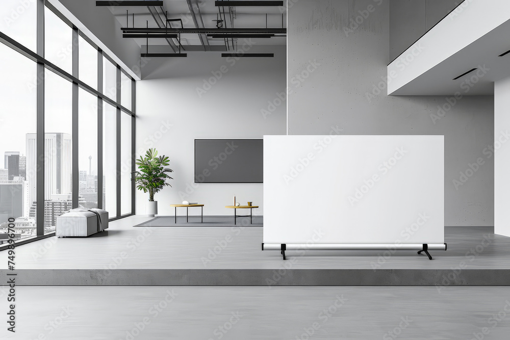empty mockup white roll up screen banner in office, empty white banner ...