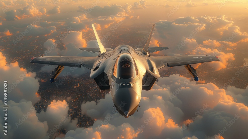 An overhead view of an F35 flying in the sky with clouds and a cockpit ...