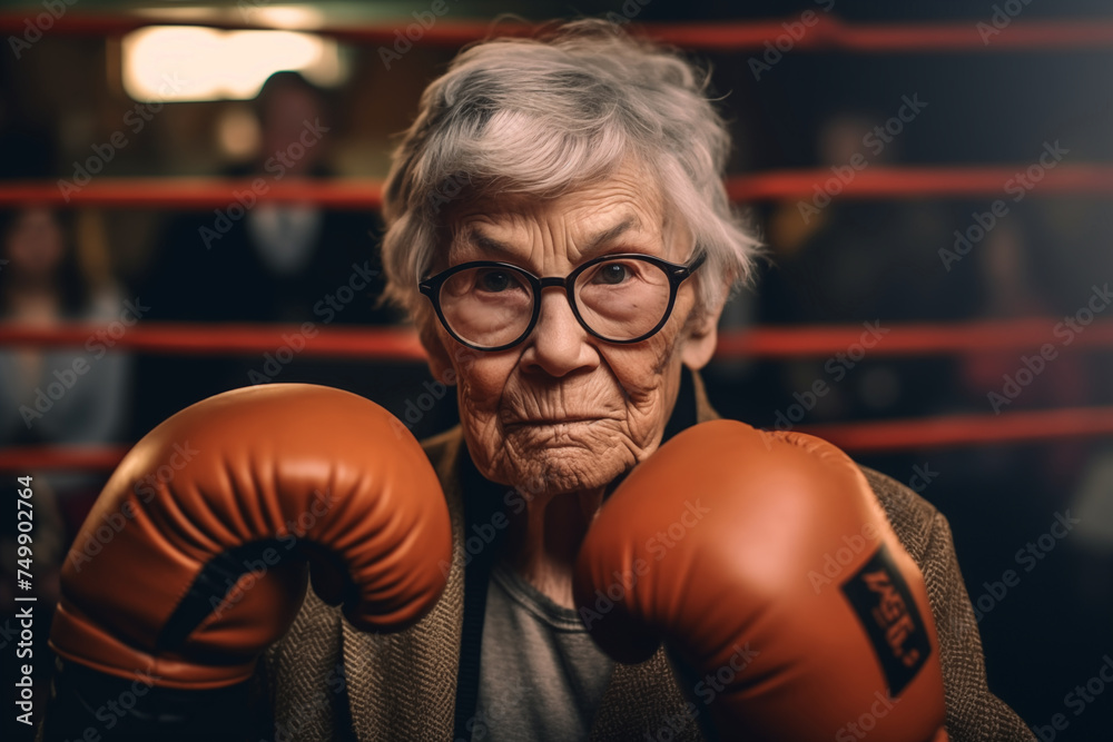 Old Woman in boxing gloves in fight. Grandmother boxer in boxing gloves ...
