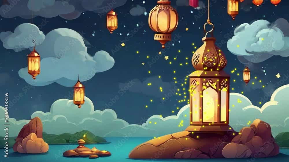 Generative AI. Animation Ramadan theme with lanterns and clouds for ...