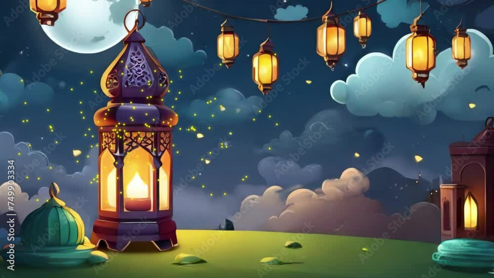 Generative AI. Animation Ramadan theme with lanterns and clouds for ...