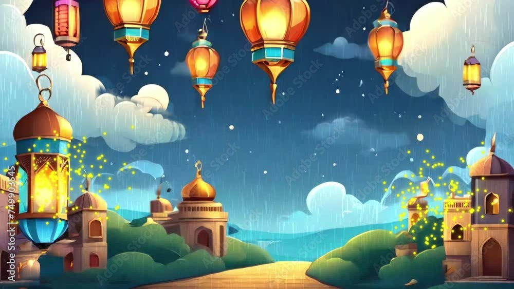 Generative AI. Animation Ramadan theme with lanterns and clouds for ...