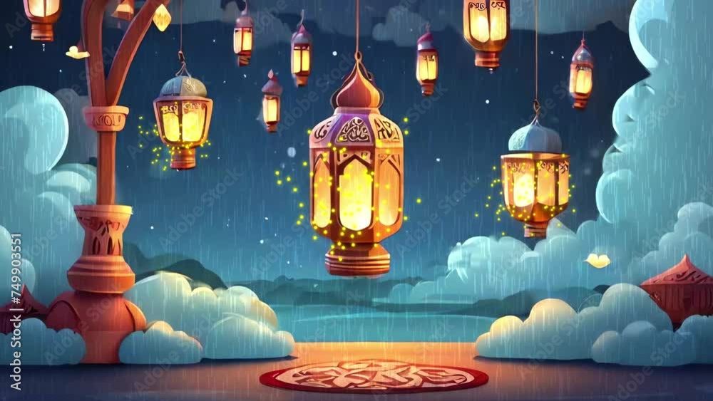 Generative AI. Animation Ramadan theme with lanterns and clouds for ...