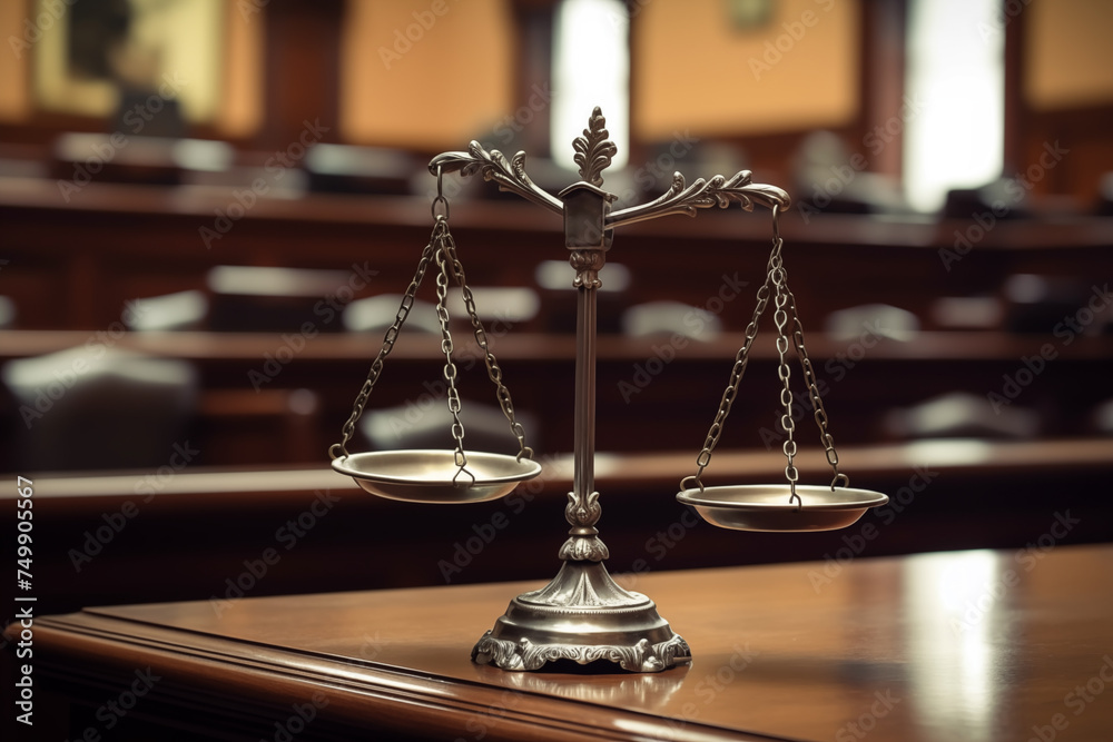 Judicial scales in court. Justice in courthouse on law theme and human ...