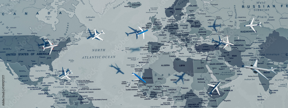 Transcontinental Air Traffic Over a Monochrome World Map Highlighting ...