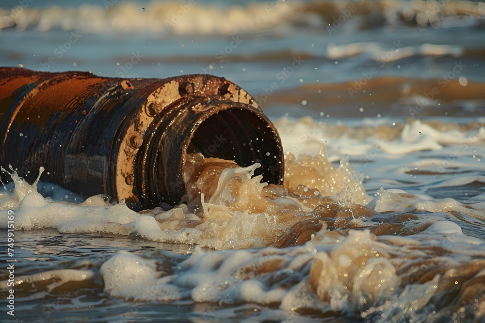 Polluted water streams from the pipe into the river, creating an ...