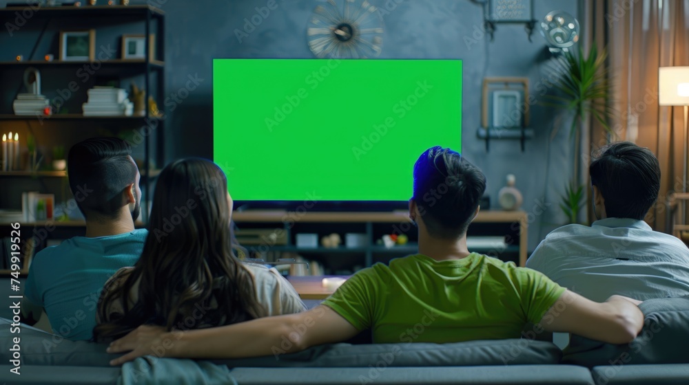 Friends watch tv with green screen mock up. Modern television with ...