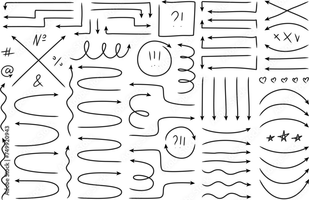 Line arrow hand drawn stroke set. Random angle and spiral, wavy twisted ...