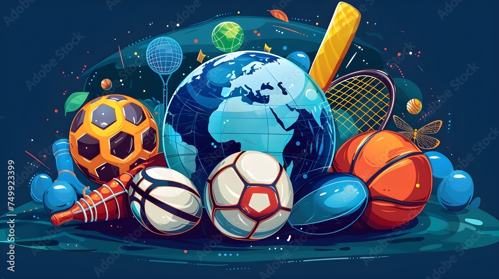 basketball, bat, badminton racket, rugby ball, football and tennis ball ...