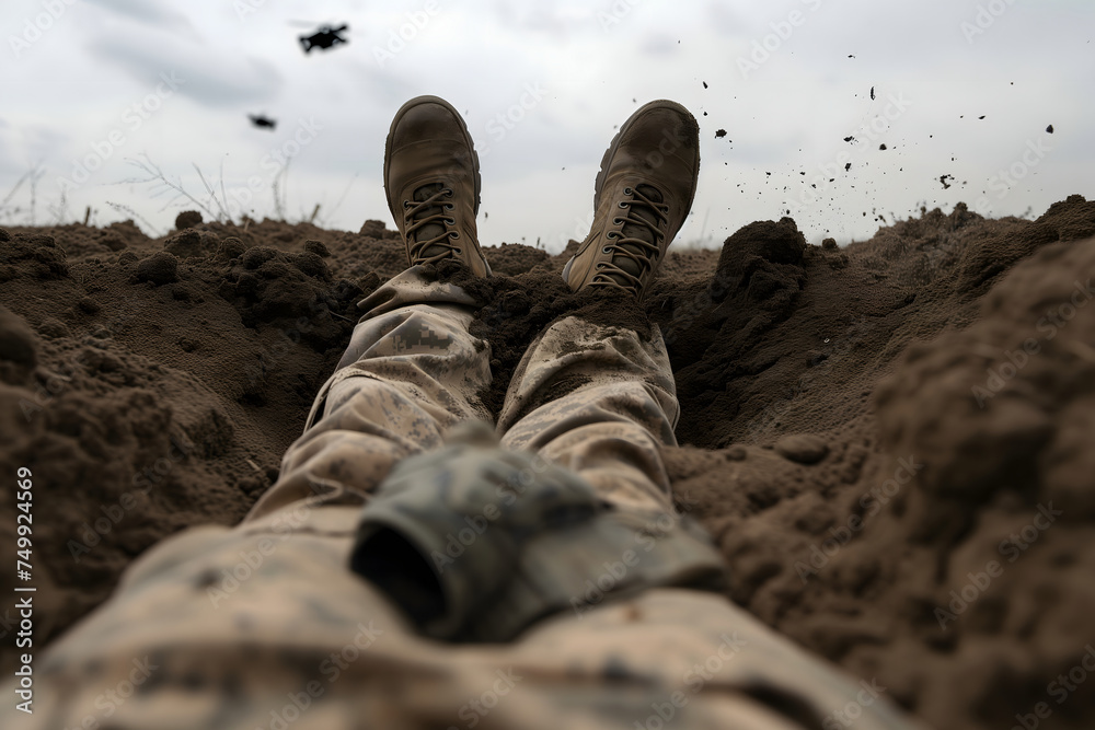 Fallen soldier legs laying on the dirt with flying drones in the sky ...
