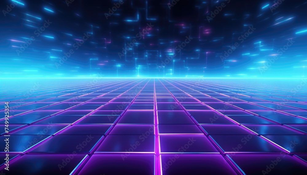 Cyan blue and purple grids neon glow light lines design on perspective ...