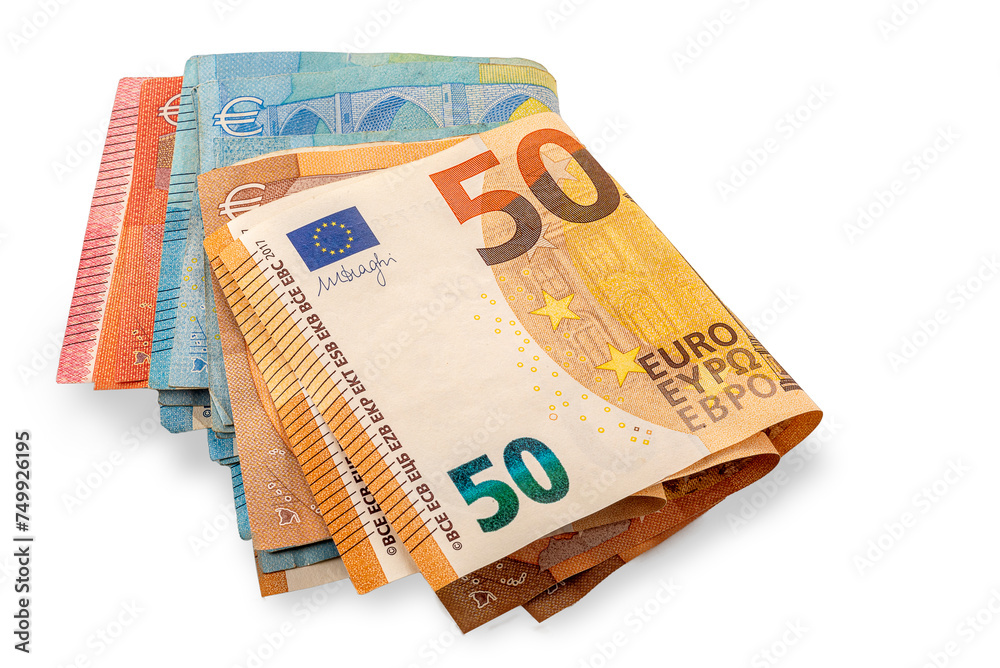 Folded euro banknotes isolated. Bundle of 50, 20 and 10 euro banknotes ...