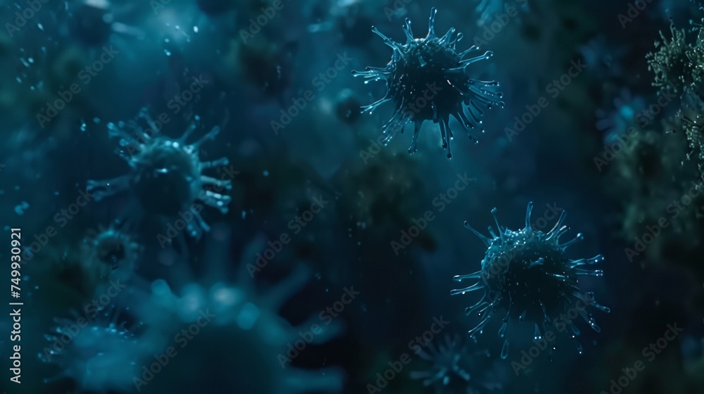Microscopic view of blue virus particles, depicting medical and ...