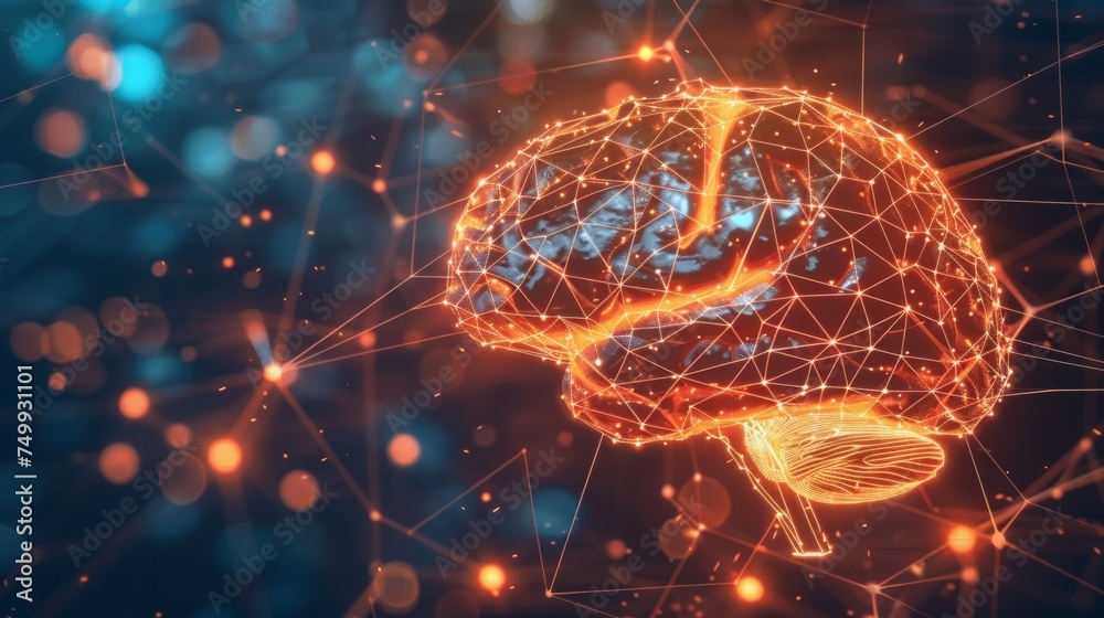 A digital 3D illustration of a human brain network glowing with ...