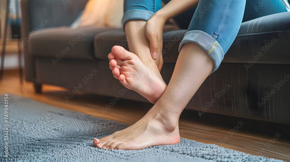Foot pain concept, close up hand of young woman rubbing, massaging sore ...