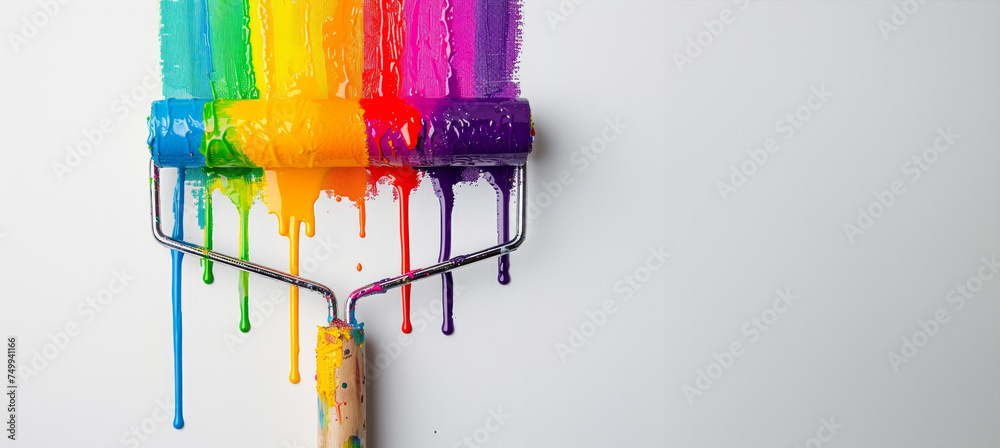 full view of a paint roller coated in dripping colorful paint against a ...